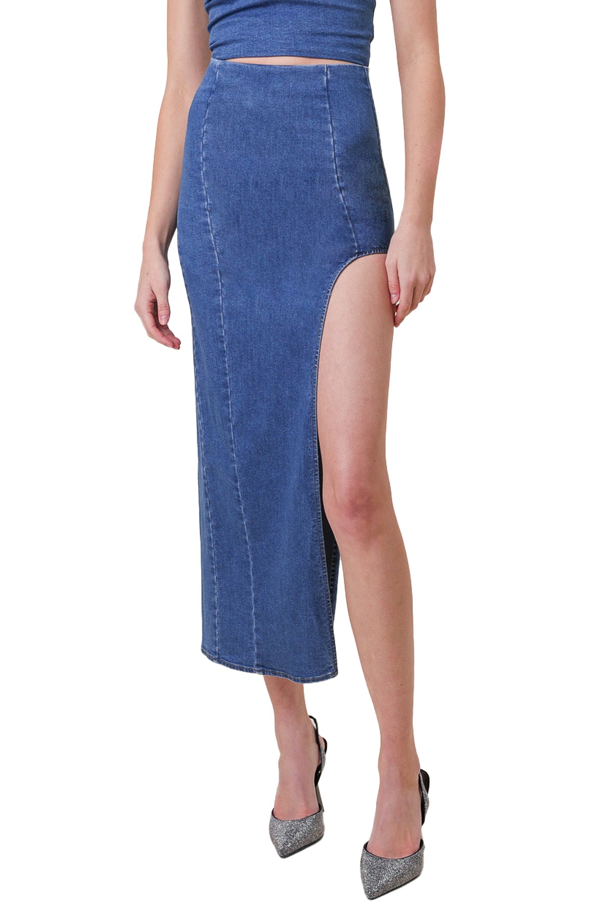line & dot: JOEY DENIM MAXI SKIRT WITH CUTOUT SLIT DETAIL